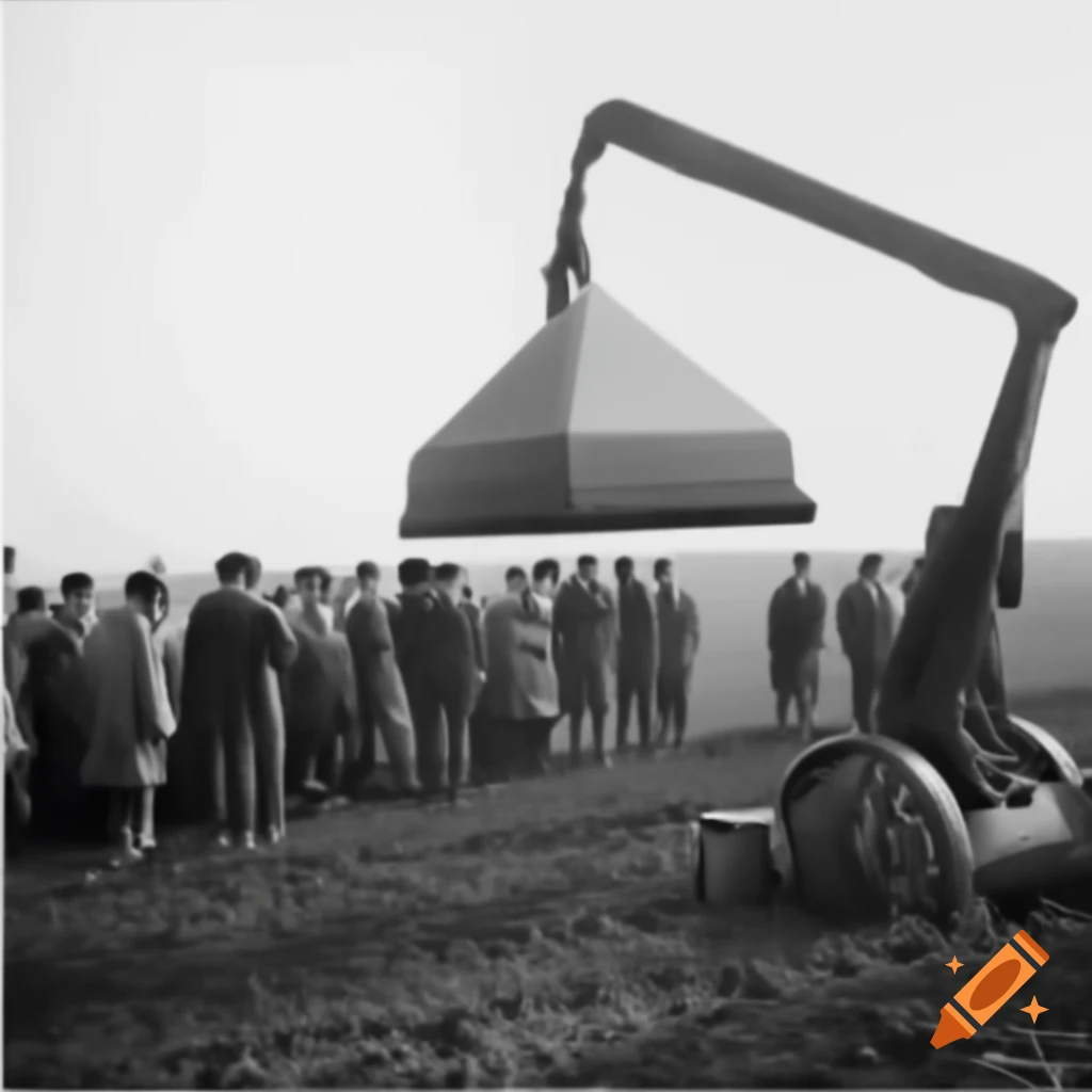 Old black and white photo of distant robots in field pulling from ...