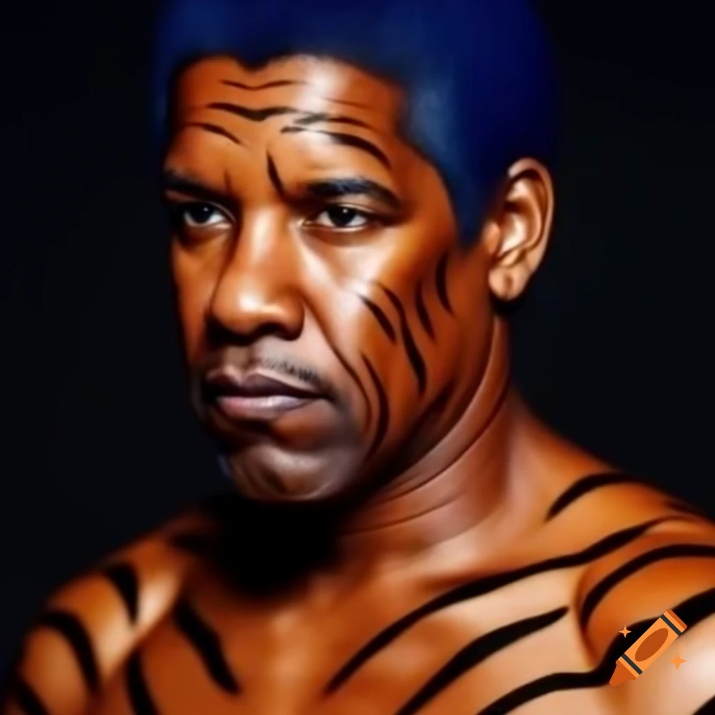 Muscular man with tiger-style makeup, featuring blue hair and orange ...