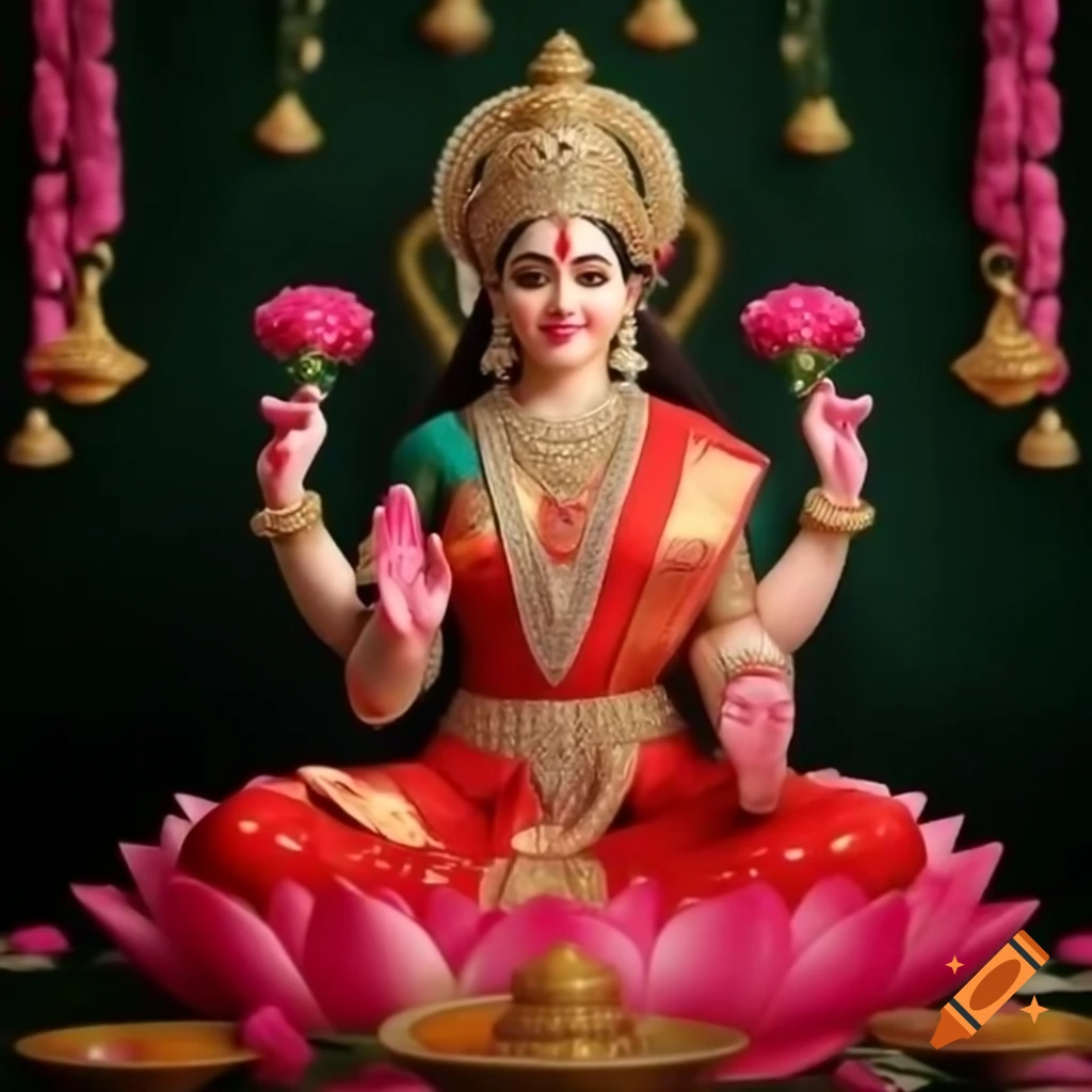 Goddess Laxmi in red saree with golden borders and floral garland in ...