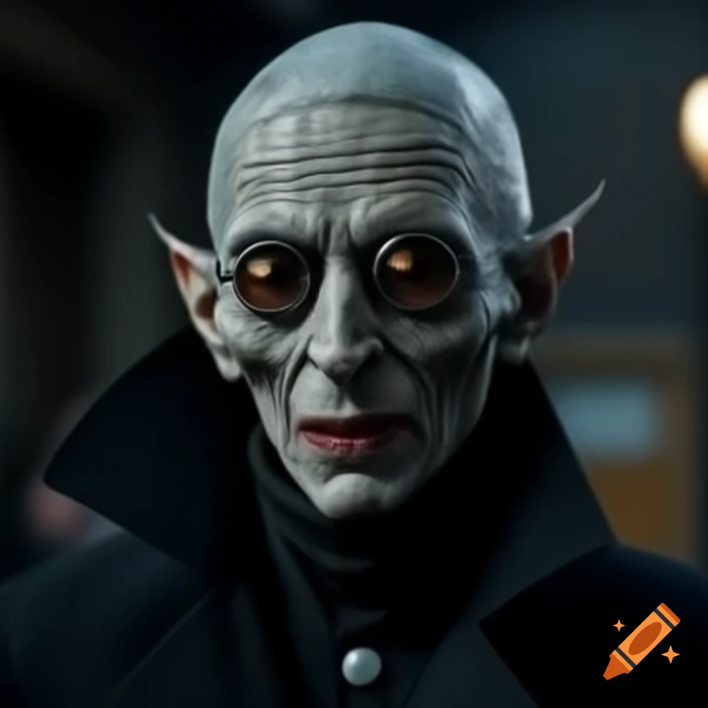 Sad vampire with grey skin, dark spots, round black glasses, and black ...