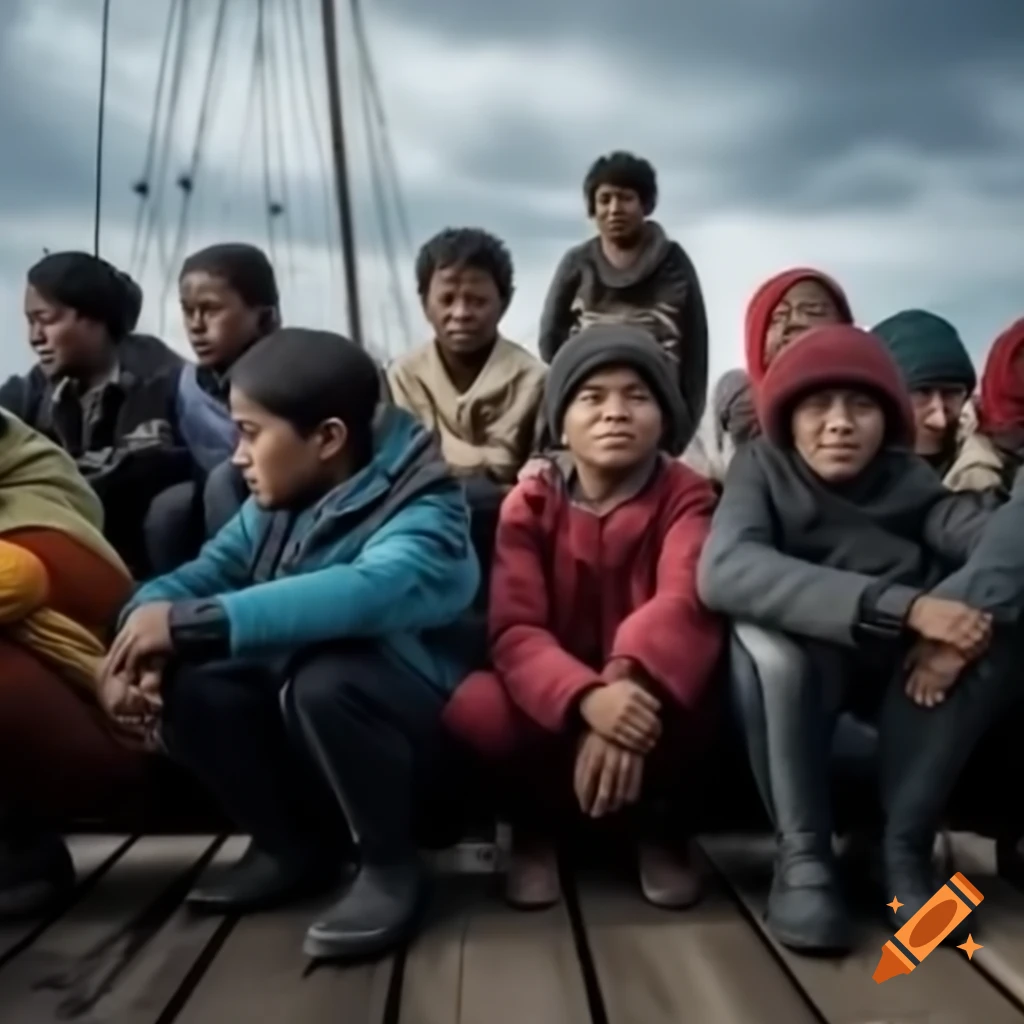 European immigrants on a ship dock, in vibrant colors on Craiyon