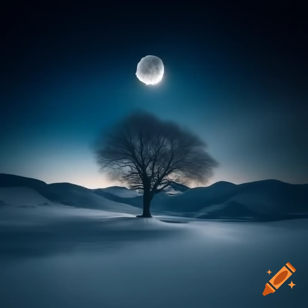 Snowy landscape with full moon, tree covered in snow, and snow-covered ...