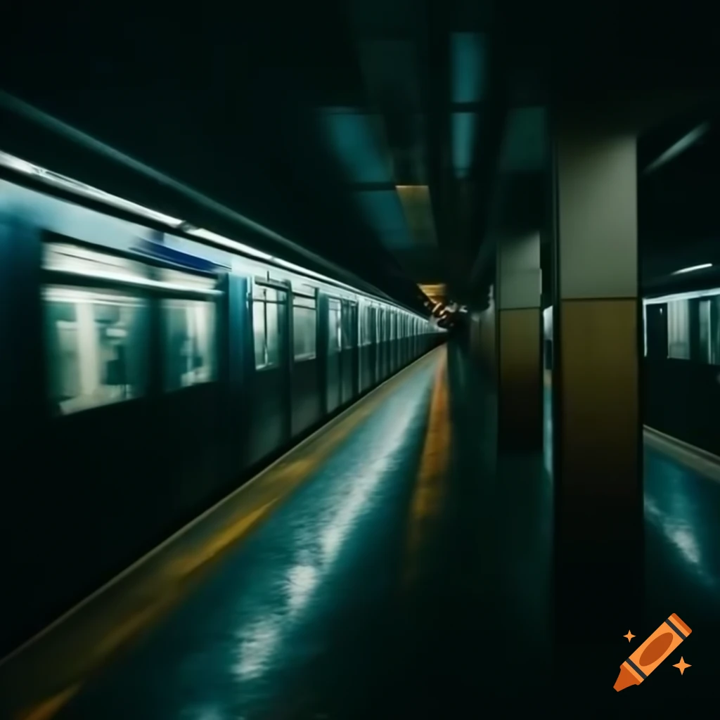 Dark subway station from above with reflections on wet floor and ...