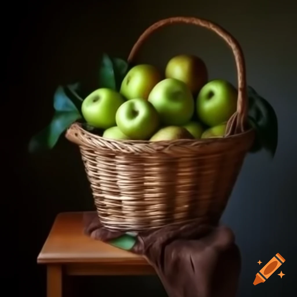 Large basket of green juicy apples on a stool, hyper-realistic and ...