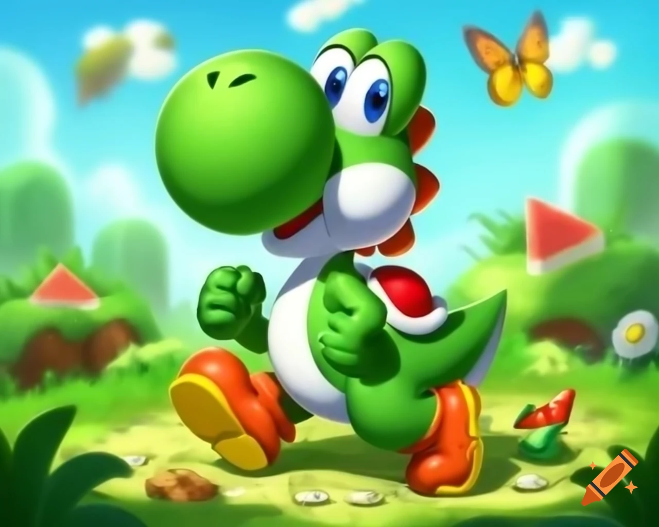 Green male Yoshi character sitting in grassy area with shoes off on Craiyon