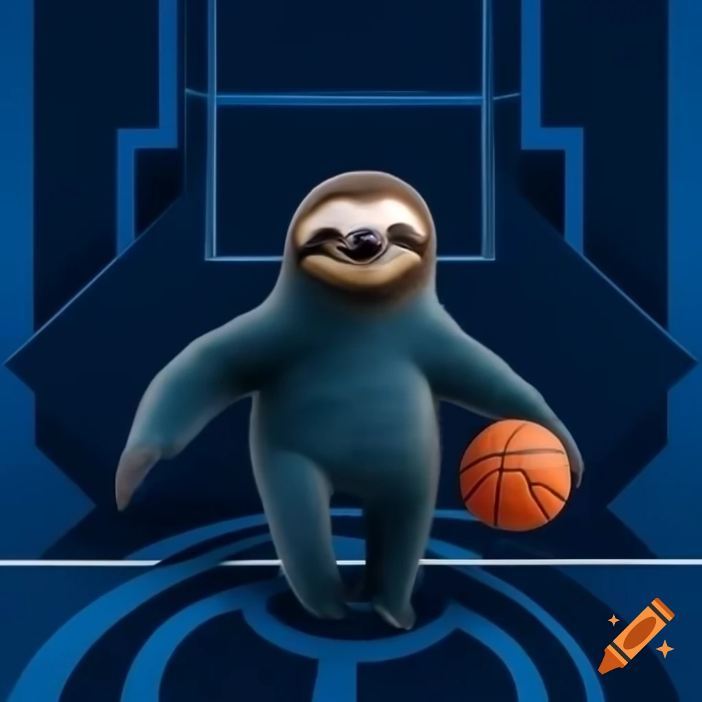 Sloth playing basketball in dark blue smoky art deco setting on Craiyon