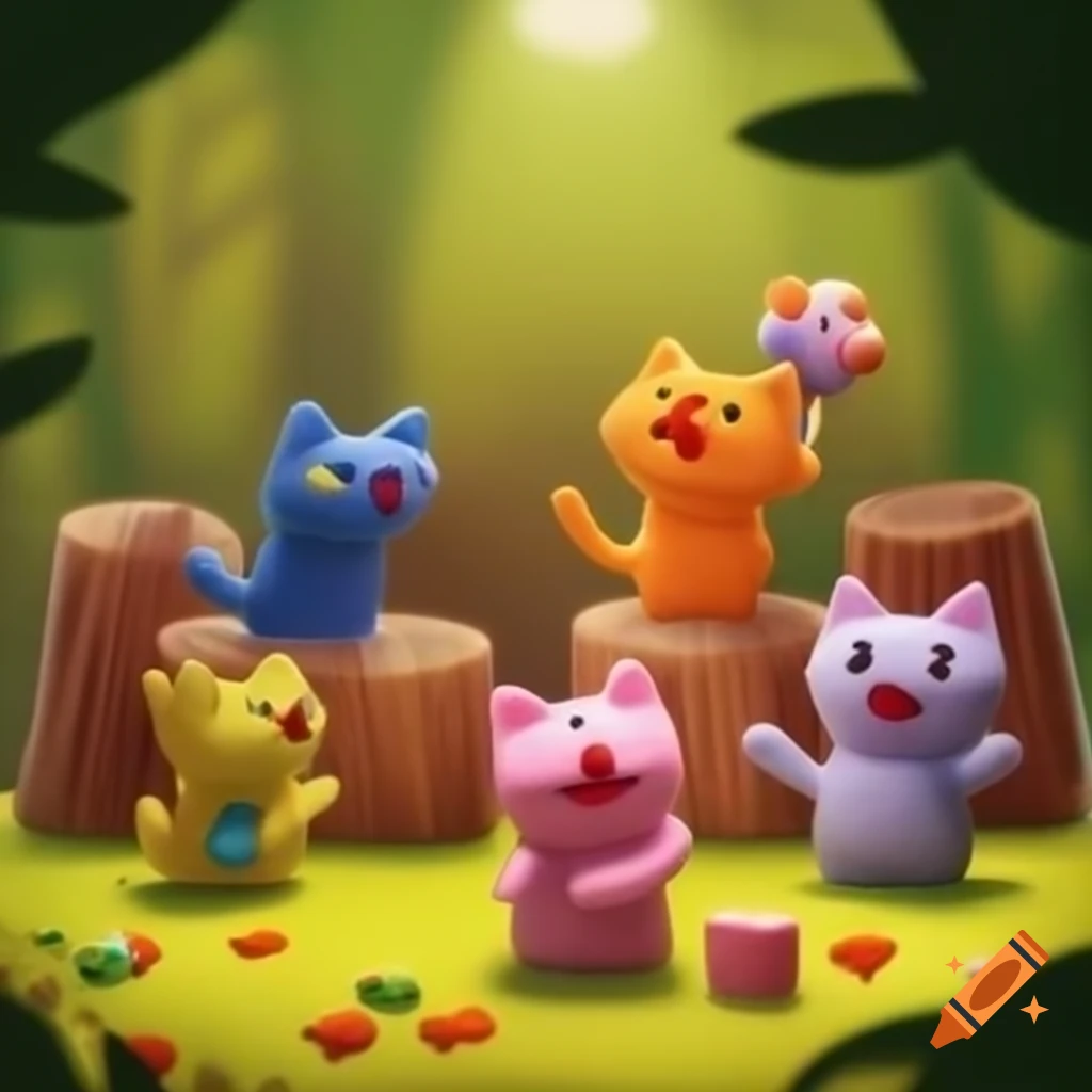 Puppet cartoon cats and dogs celebrating birthday in woods with cake ...