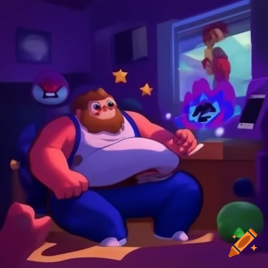 Man eating in messy room while playing video game Brawl Stars on Craiyon