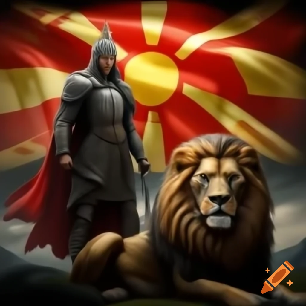 Alexander the Great with lion and Macedonian flag on Craiyon