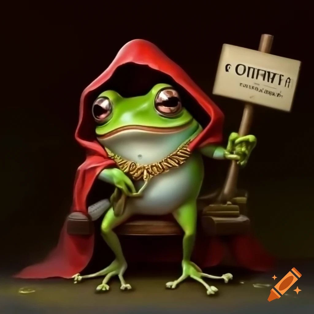 Angry frog with gold chain and red cloak holding sign on Craiyon