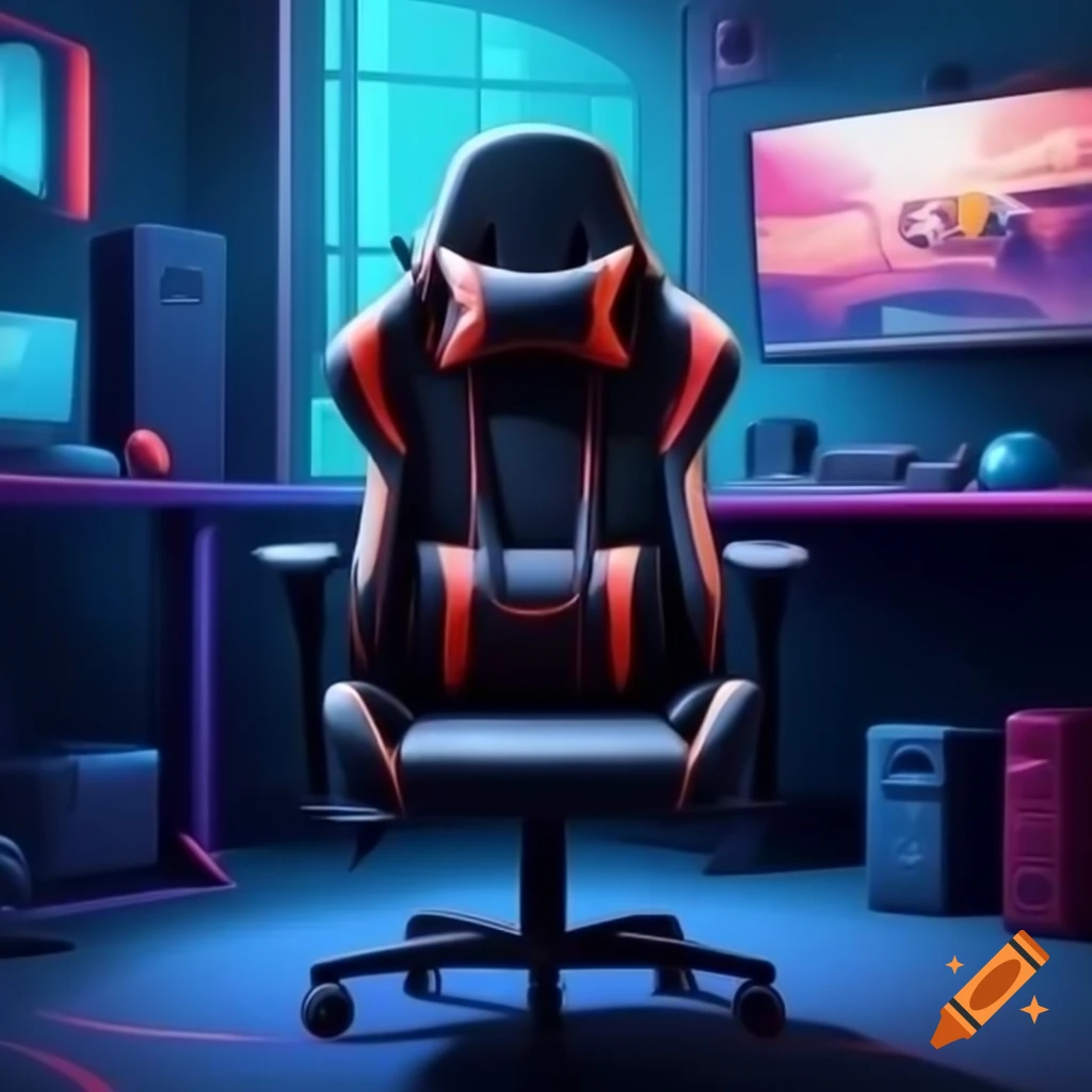 Empty gaming chair in front of a gaming room setup on Craiyon