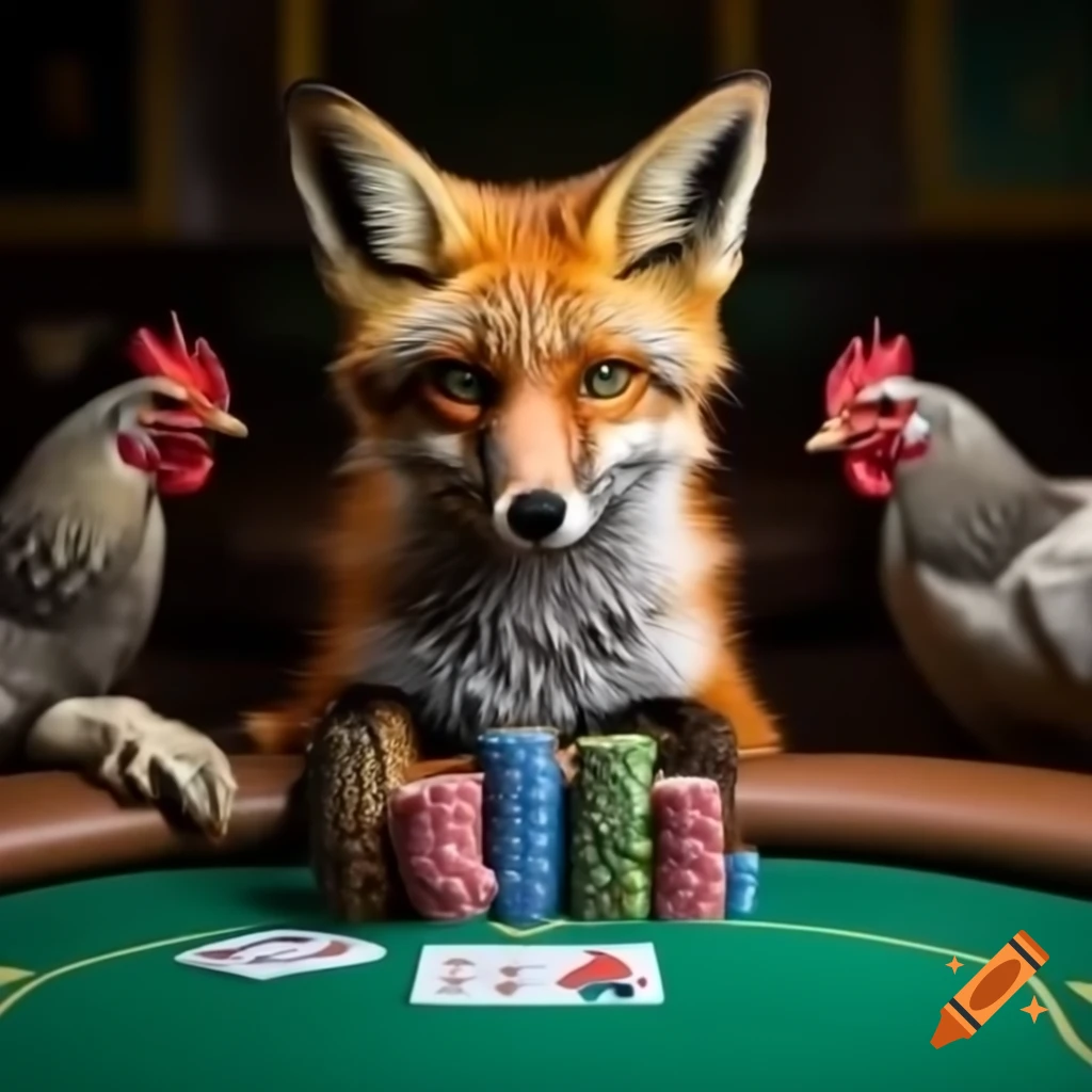 Fox playing poker with chickens, whimsical scene on Craiyon