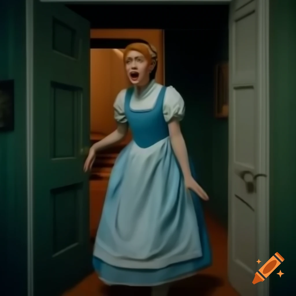 Alice in Wonderland in a hallway full of doors, looking confused and ...