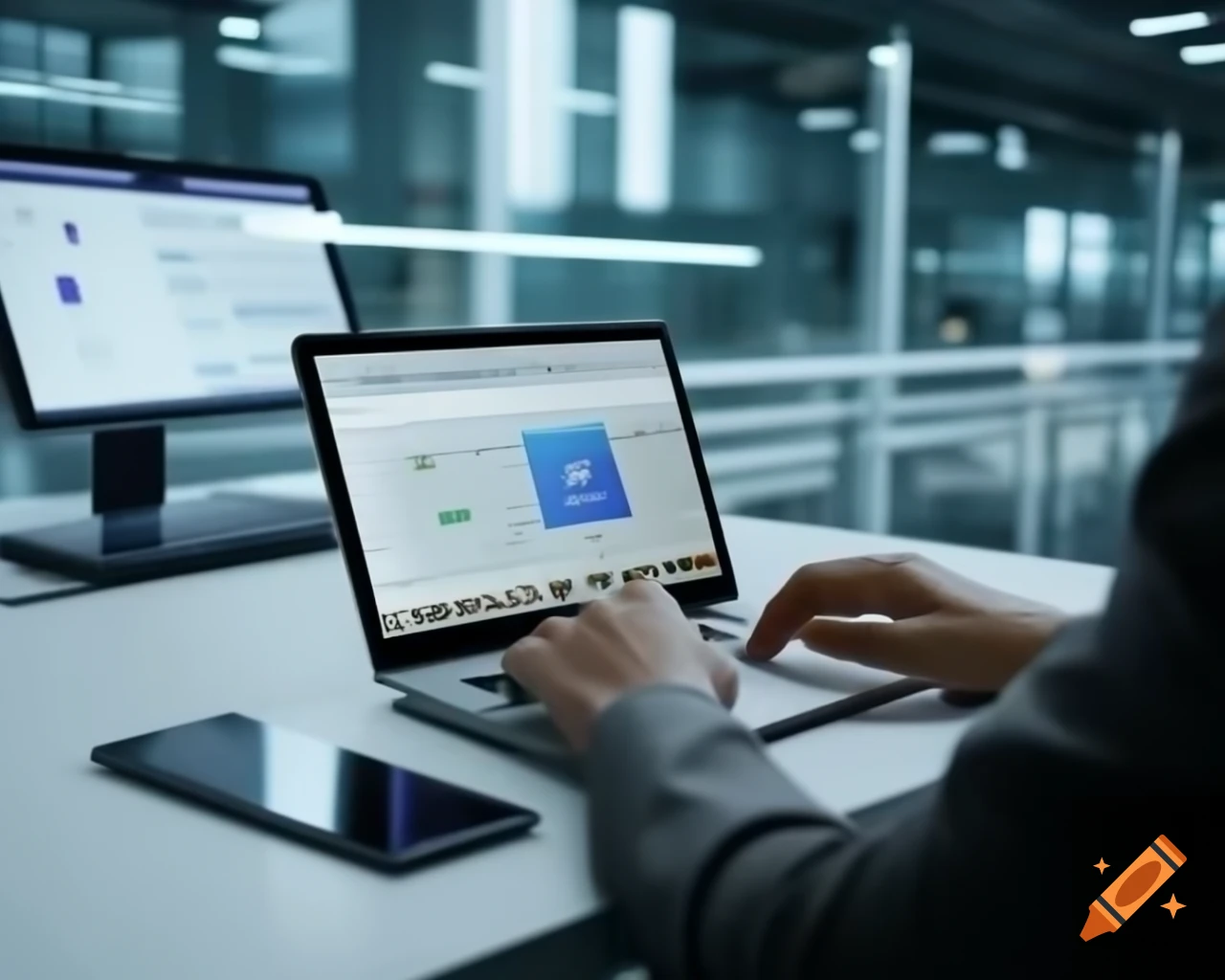 Customer using laptop for online registration form in office setting on ...