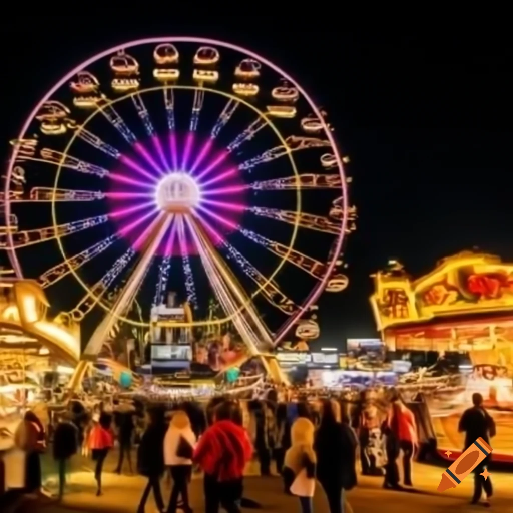 Bustling night fairground with colorful lights and Ferris wheel on Craiyon