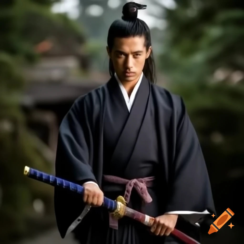 Young Asian samurai in floral kimono with katana in traditional garden ...