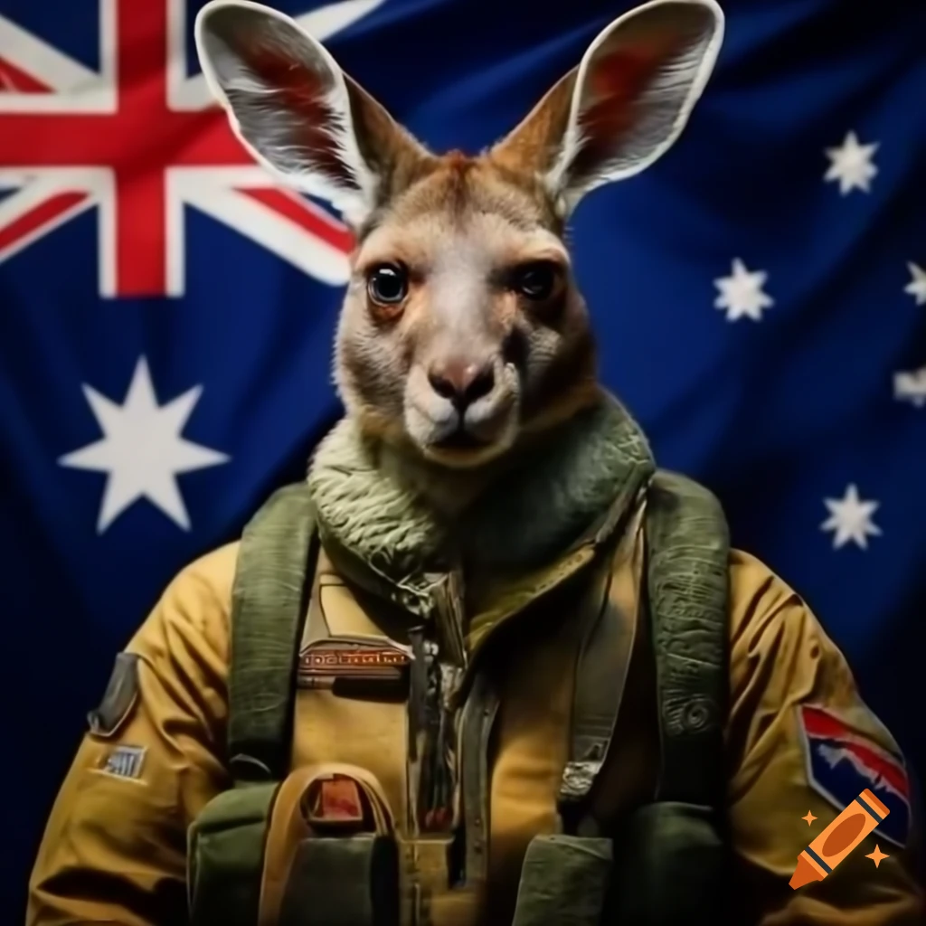 Kangaroo as World War II pilot in front of Australian flag, painting on ...