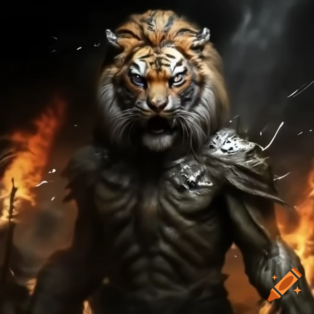 Surreal composition with man, tiger, lion, fire, water, zombie, and ...