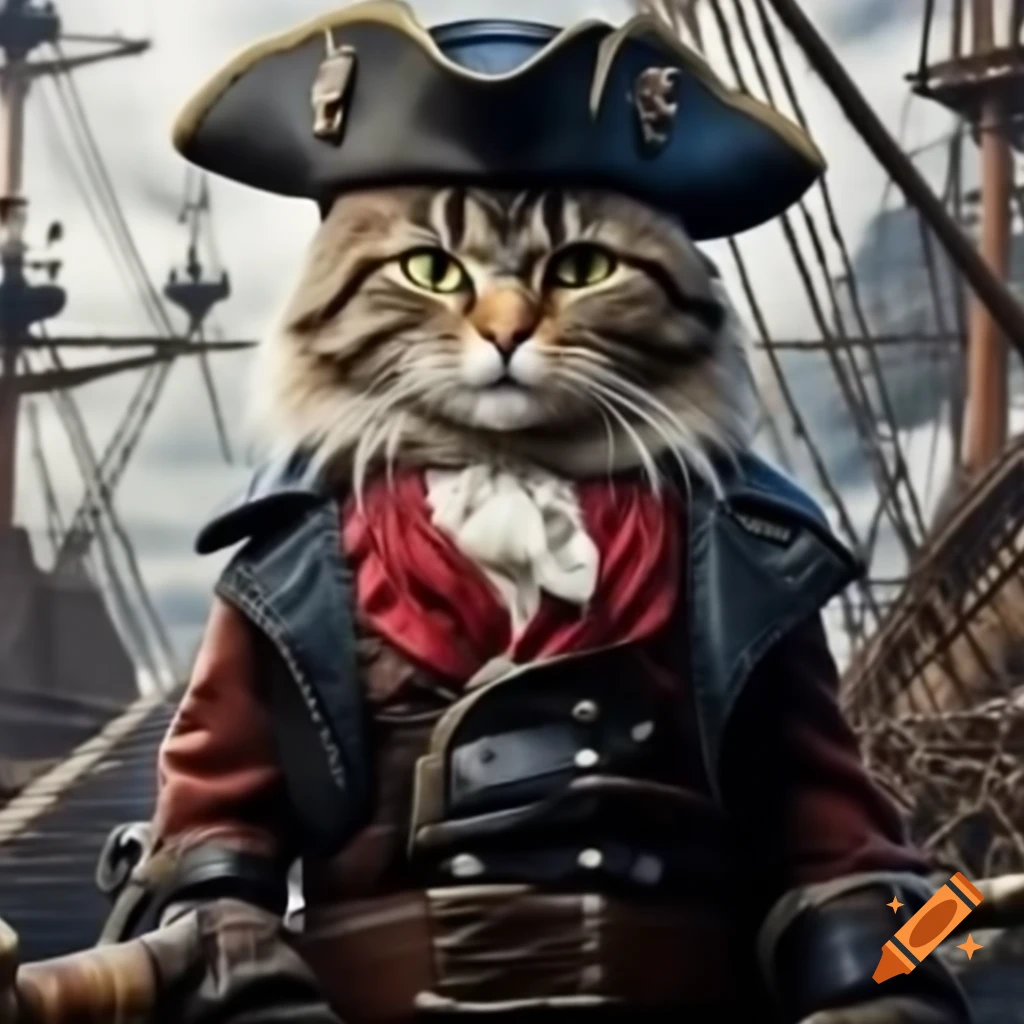 Grayscale tabby pirate cat on ship's deck wearing spectacles and ...