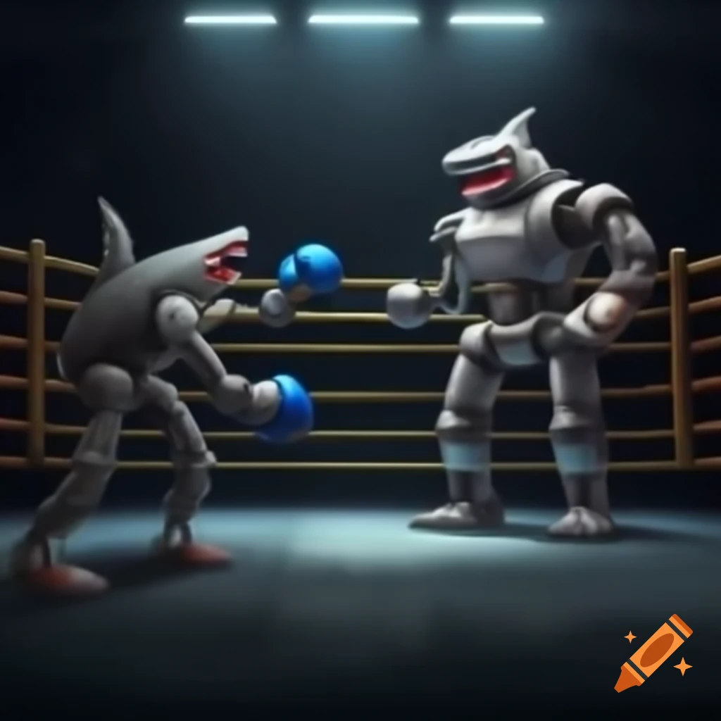 Boxing ring featuring shark-inspired industrial robots in combat on Craiyon