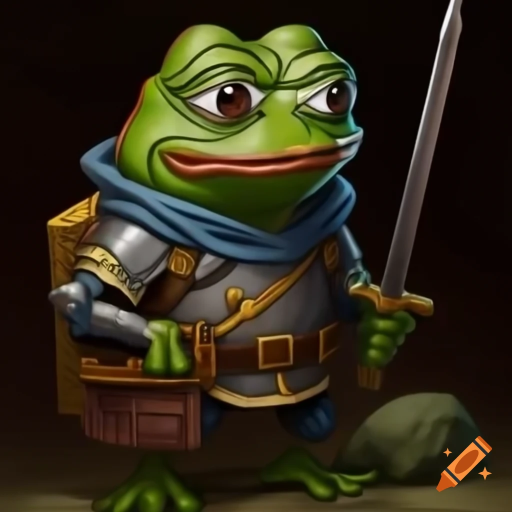 Valiant frog knight Sir Pepe in shining armor with sword in lilypad ...