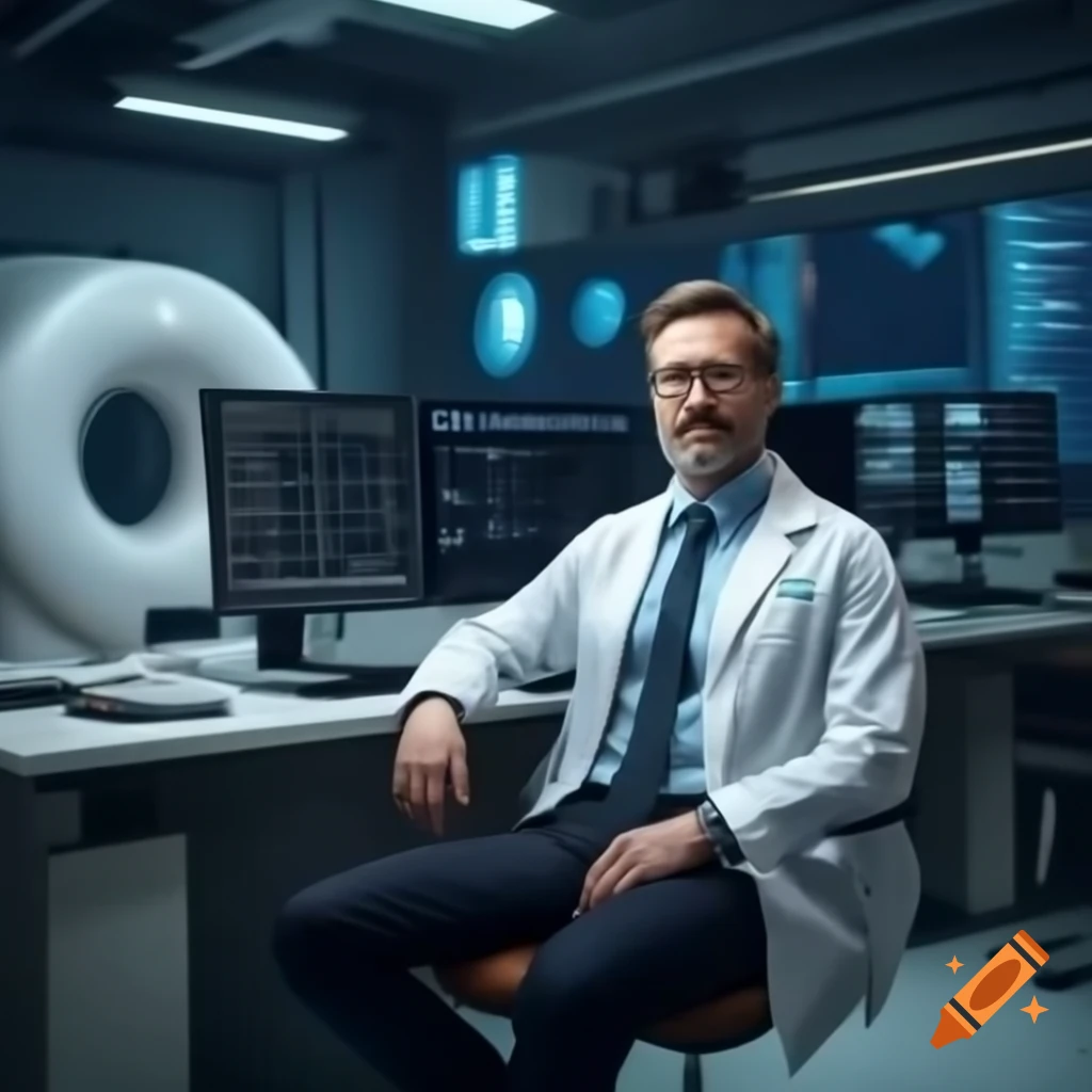Handsome Caucasian man over 50 coding in high-tech lab with CT scanner ...