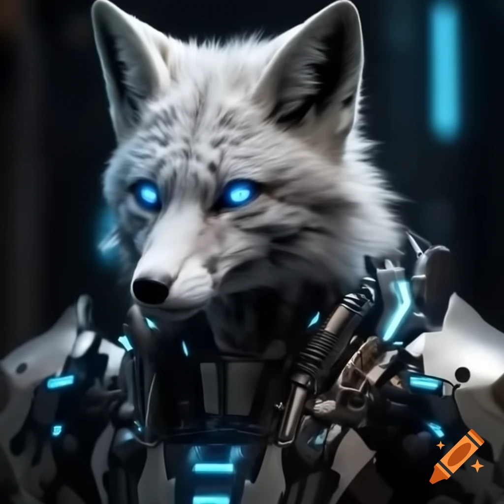 Cybernetic fox with bright blue eyes and futuristic coat design on Craiyon