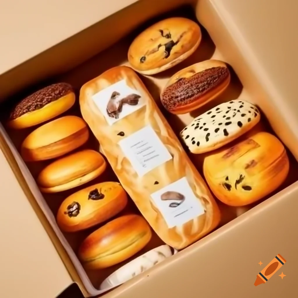 Interior of cardboard box with fresh pastries and insects on Craiyon