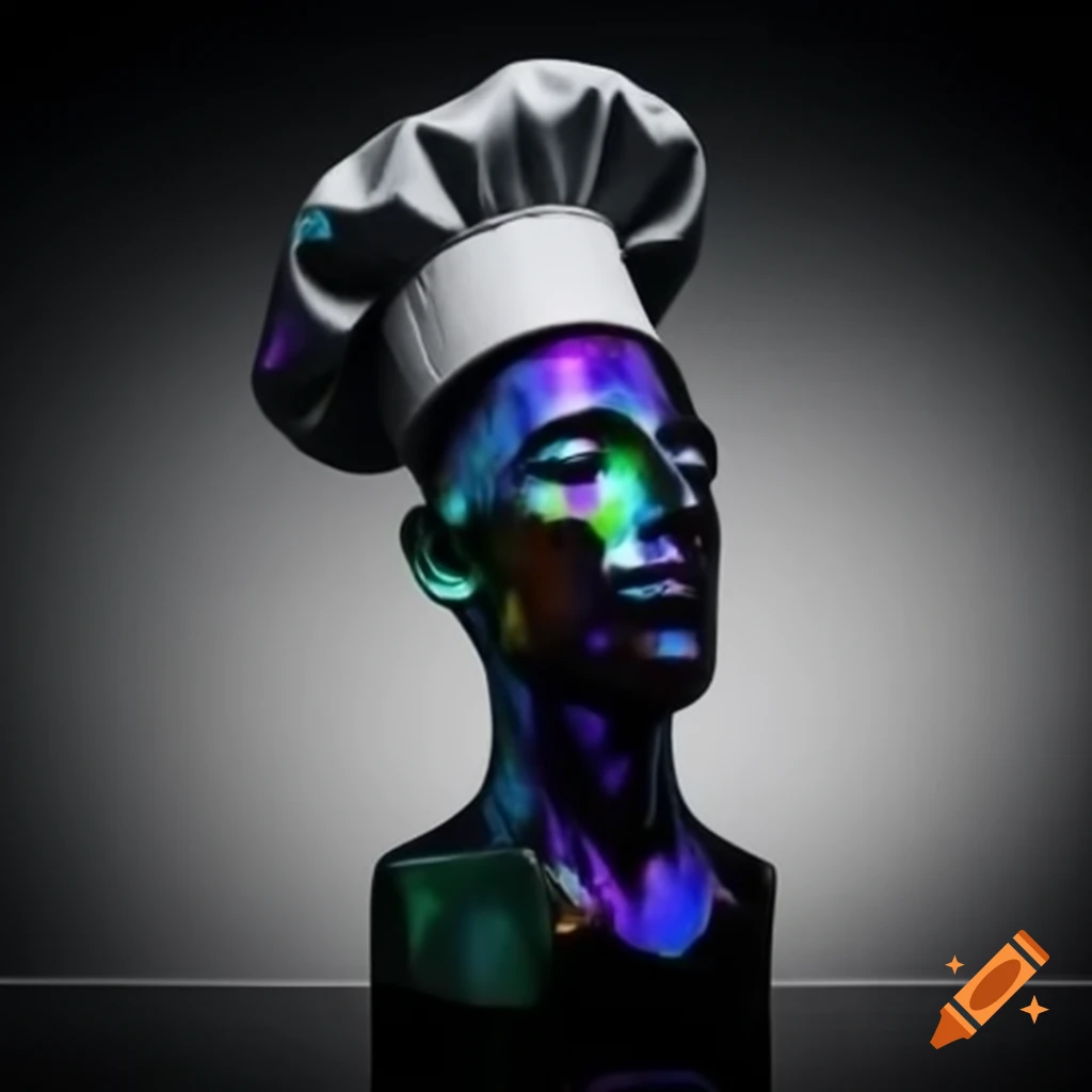 Iridescent glass statue of male Italian chef with large chef hat, pop ...