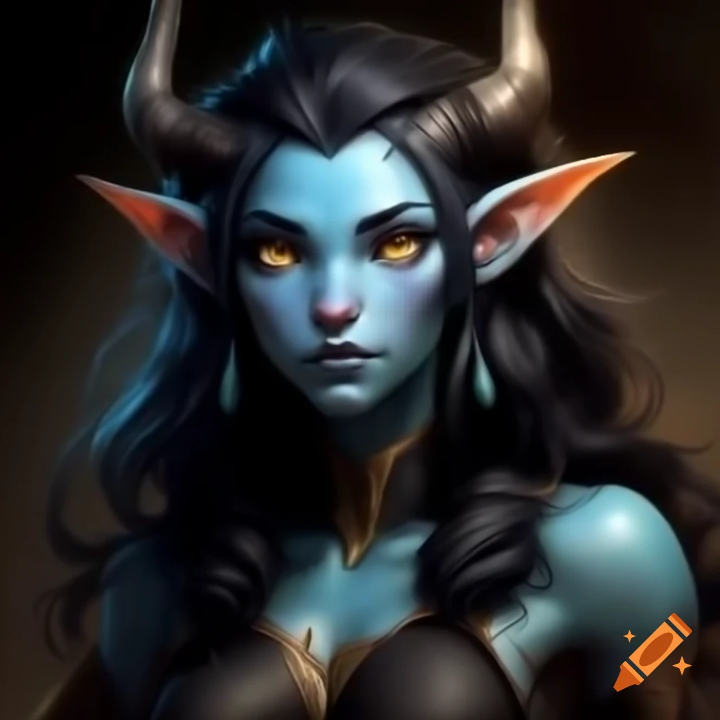Full body female tiefling character with grey-blue skin and glowing ...