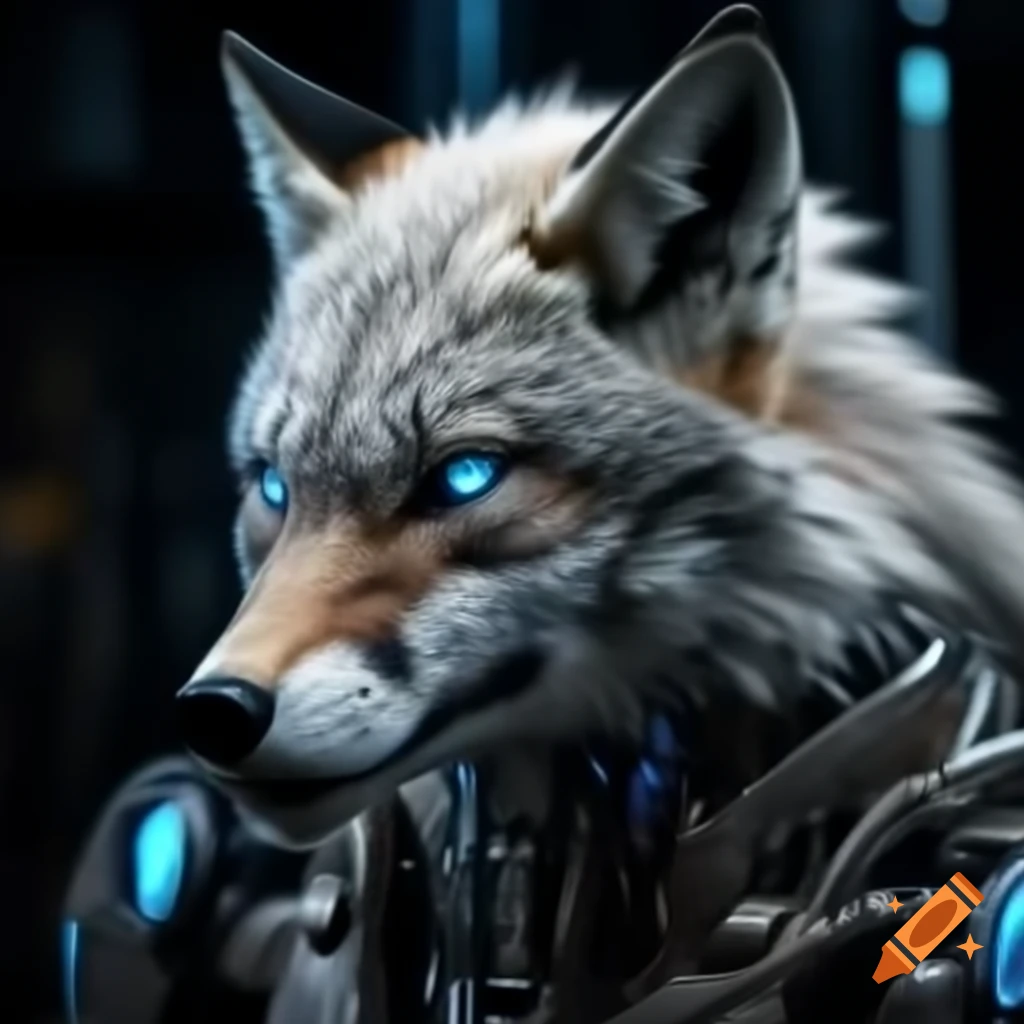 Cybernetic wolf-fox with electric blue eyes in dark setting on Craiyon