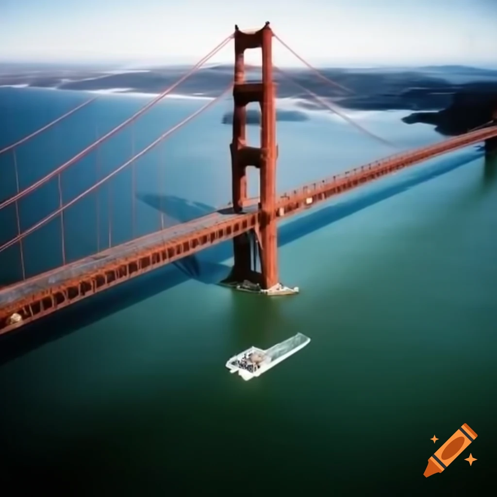 Aerial view of 1970s car chase on Golden Gate Bridge on Craiyon
