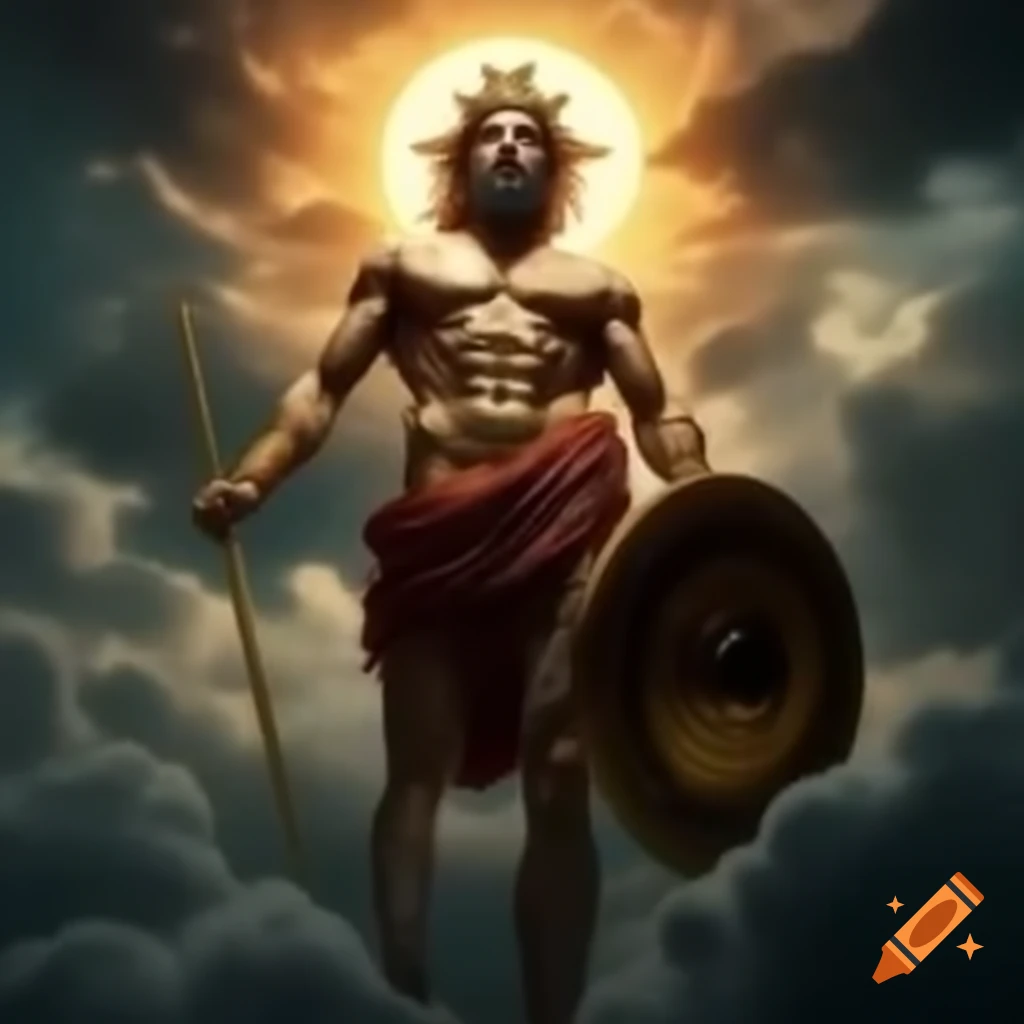 Helios, the Greek god, powerfully carrying the sun overhead on Craiyon