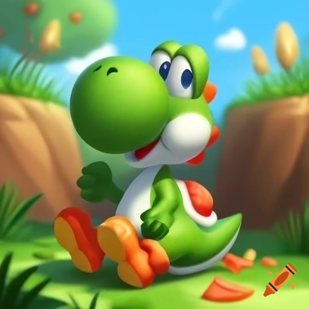 Yoshi character from Super Mario sitting in grassy area with bare feet ...