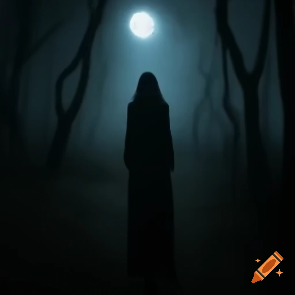Shadowy figure of a woman in dark forest illuminated by full moon ...