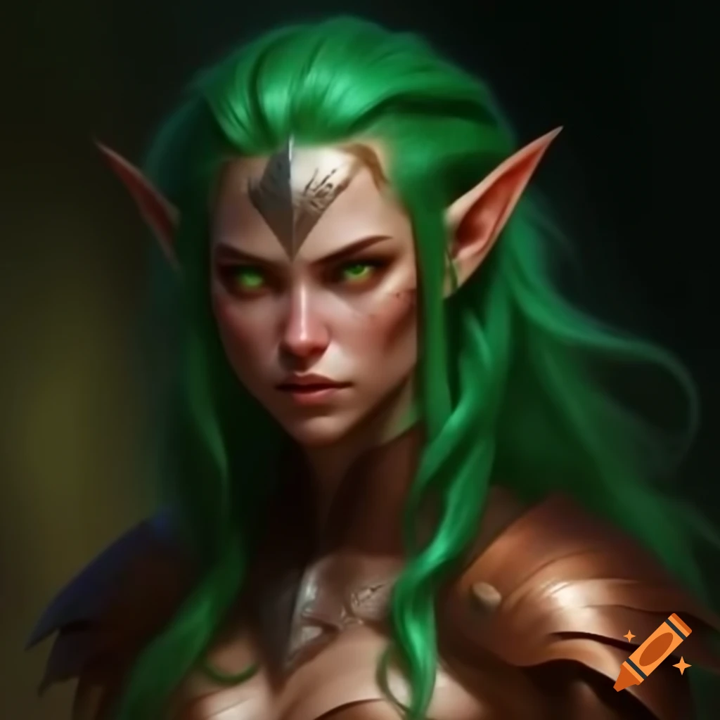 Wood elf warrior with copper skin, silvery eyes, and green hair ...