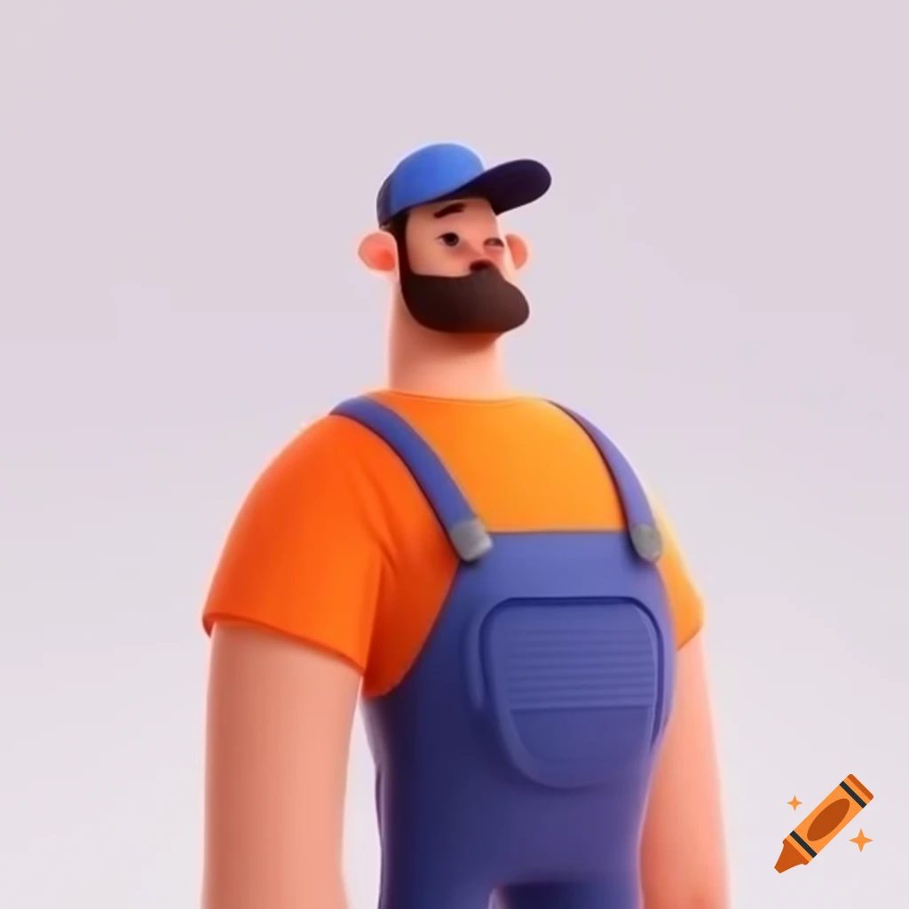 Cartoon mechanic man in orange t-shirt and navy vest with a happy ...