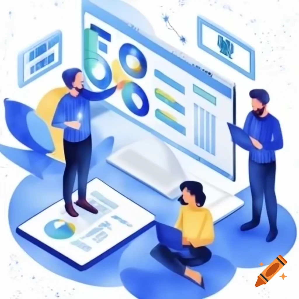 Team of three analyzing data and analytics for insights on Craiyon