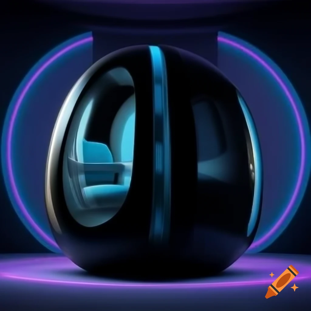 Futuristic sleek pod with black carbon fiber exterior and glowing ...