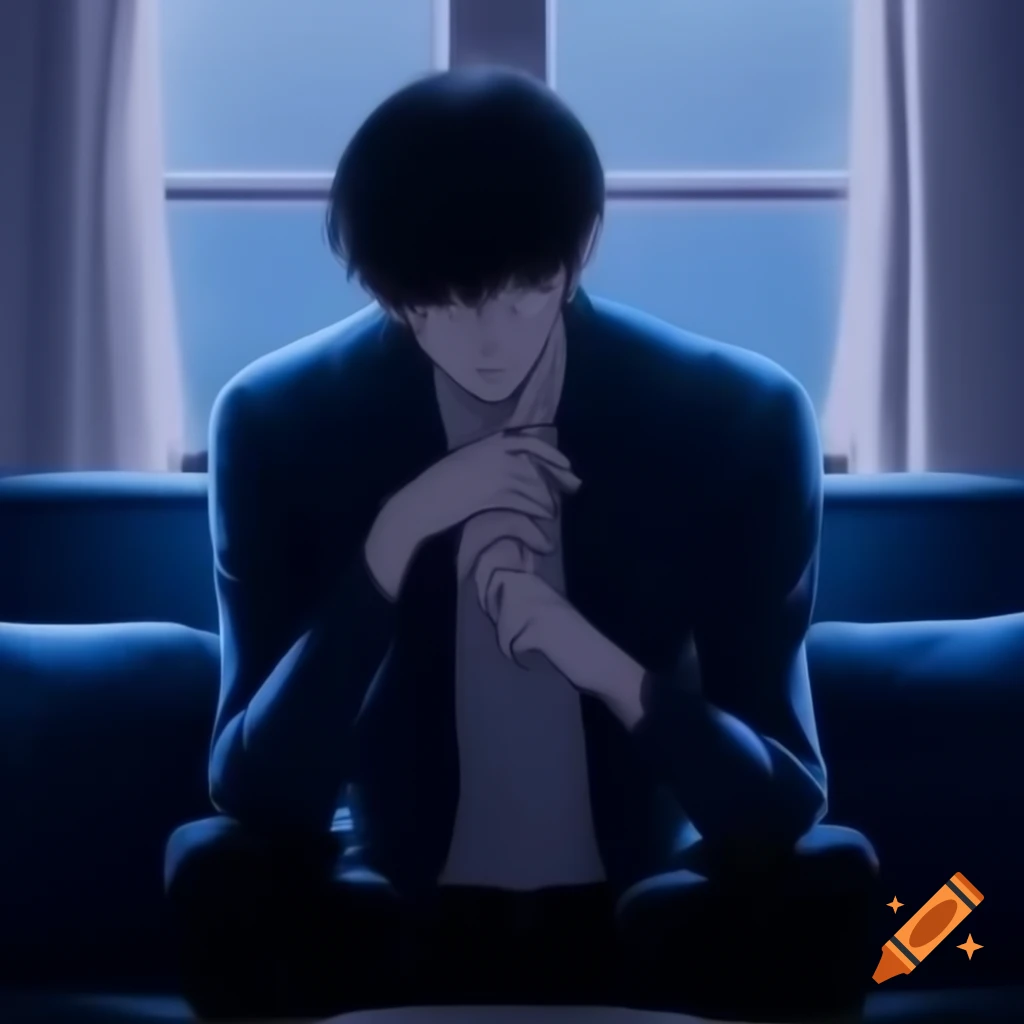 Young man in twenties on couch looking at translucent blue screen, webtoon style on Craiyon