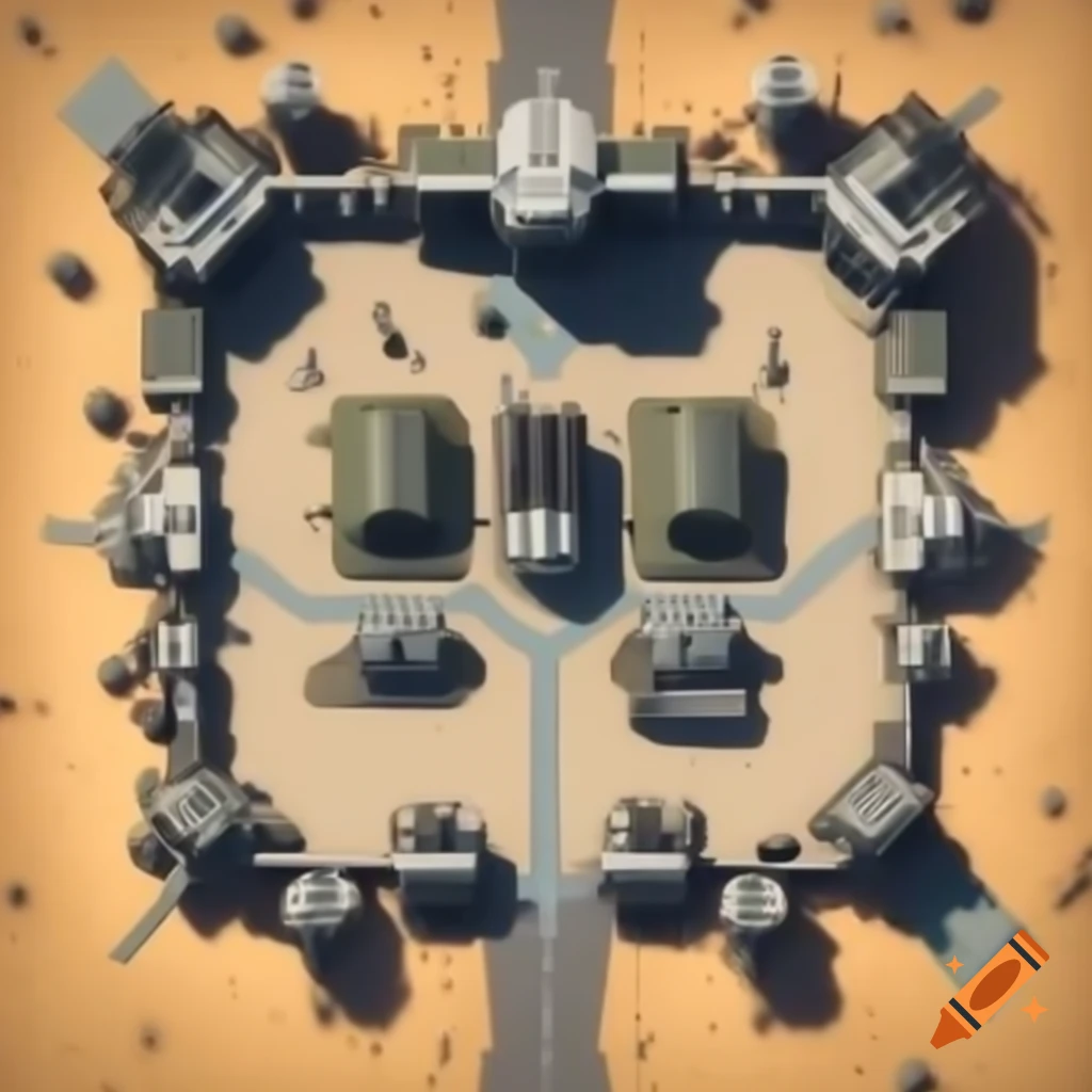 Top-down map of modern military base in desert with vehicle hangars and ...