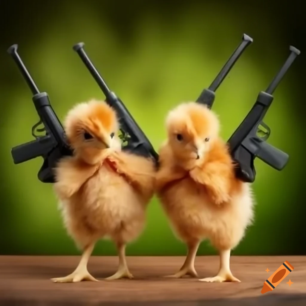Two baby chickens with machine guns and crossed cartridges on Craiyon