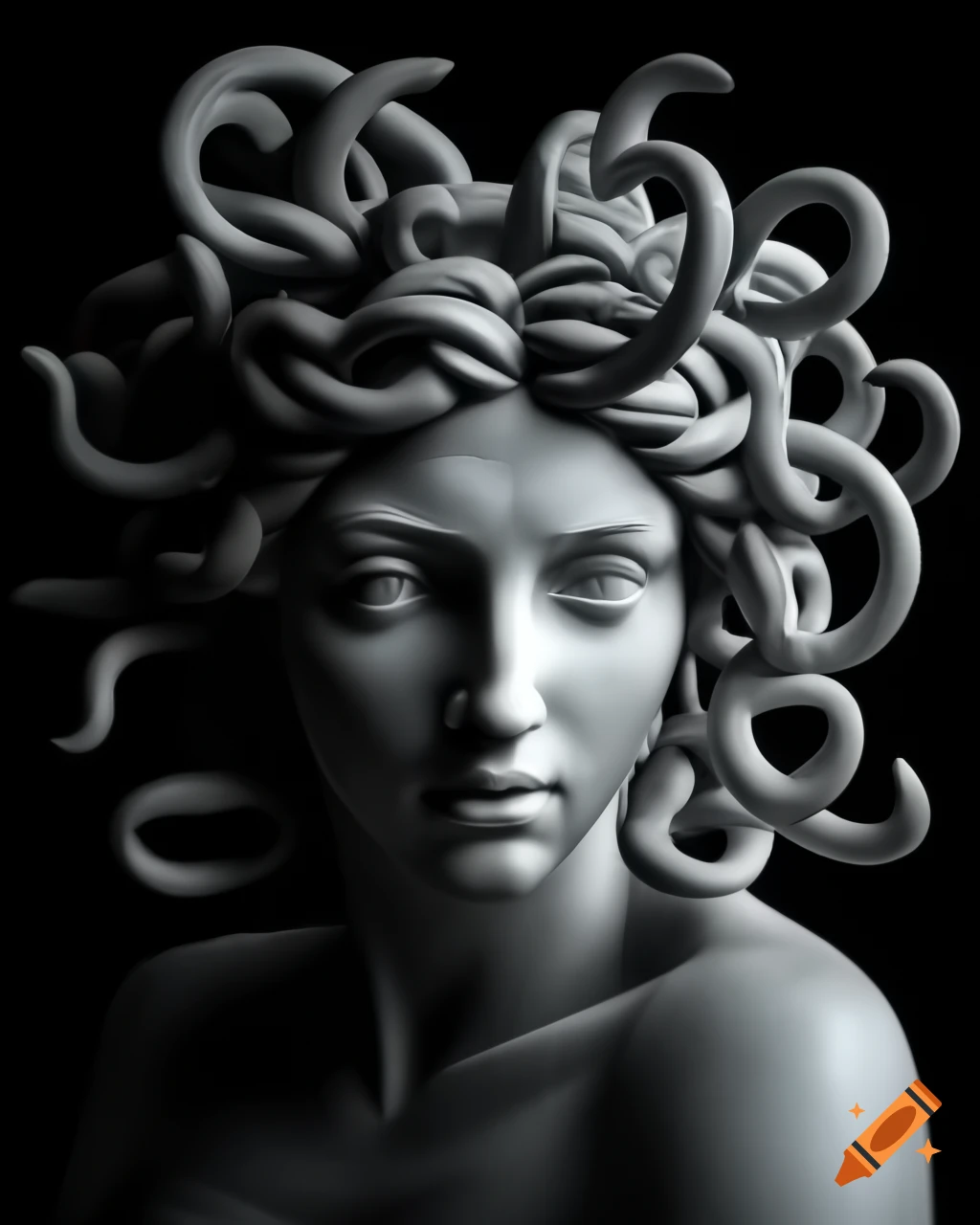 Marble sculpture portrait of Medusa in charcoal black and white on Craiyon