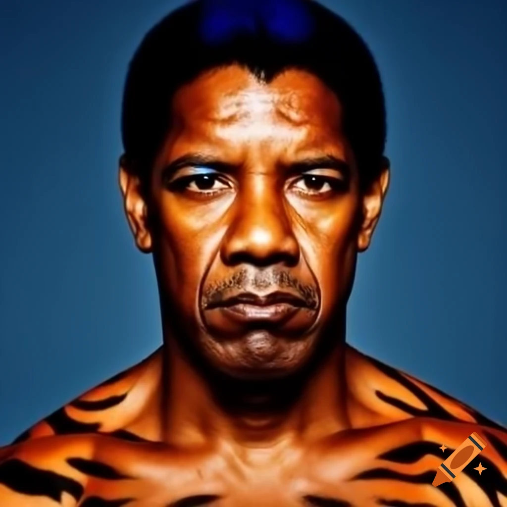 Muscular person with tiger-style makeup featuring blue hair and orange ...