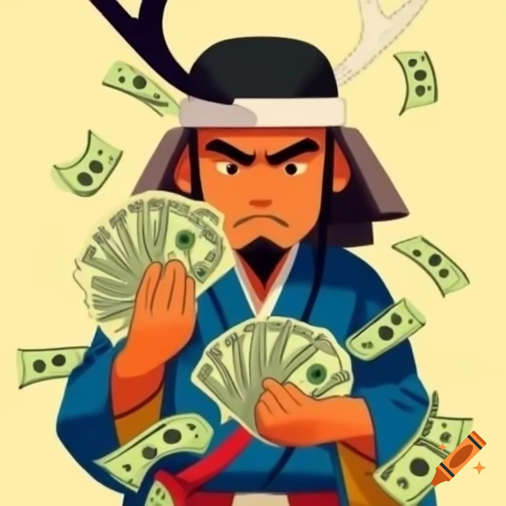 Samurai holding money dressed in cryptocurrency-themed clothing on Craiyon