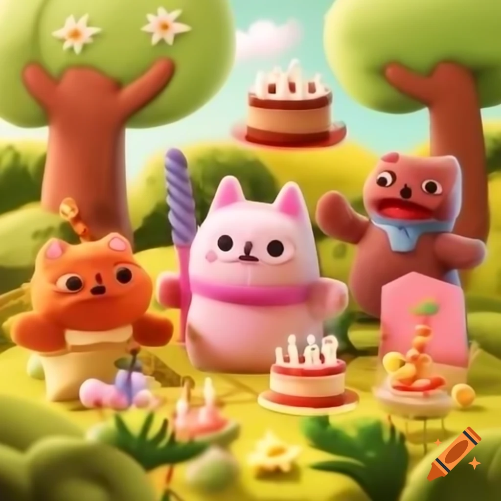 Puppet cartoon cats and dogs celebrating birthday in woods with cake ...