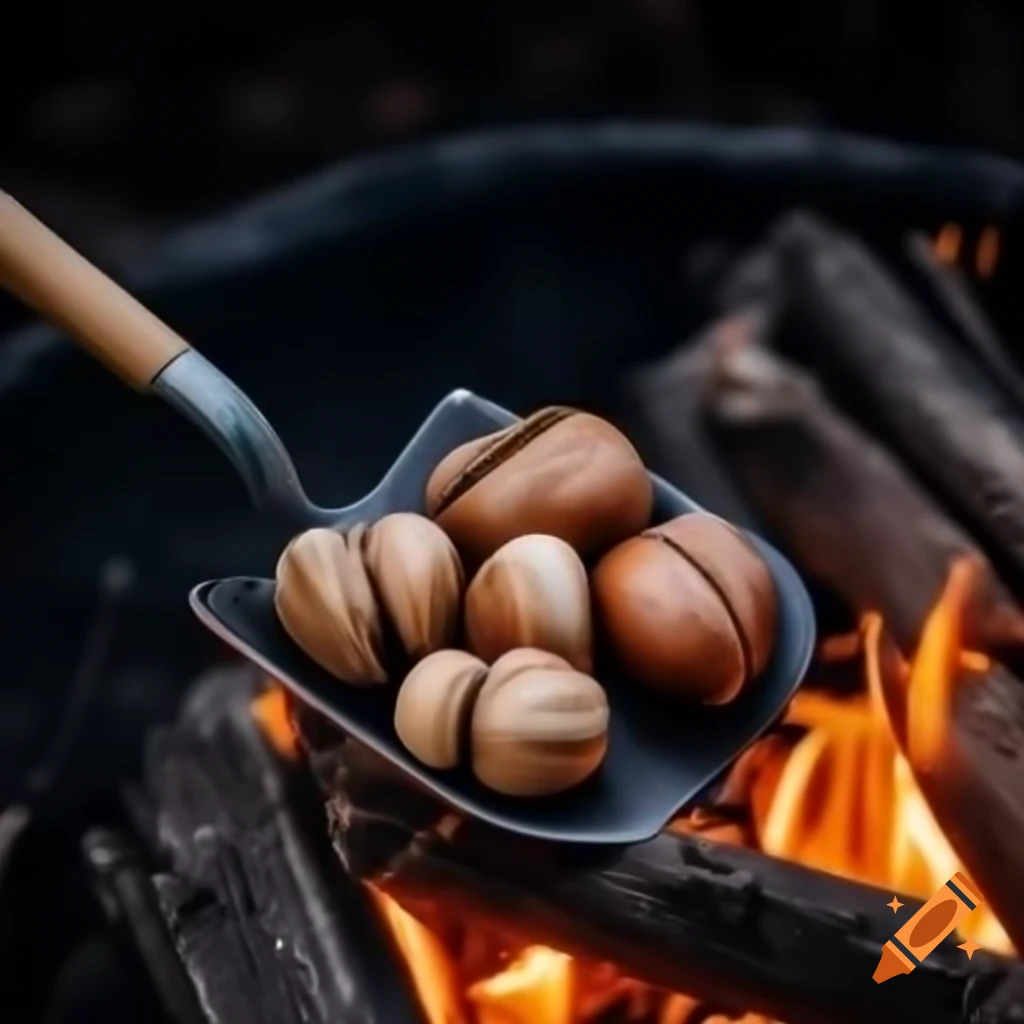 Cooking chestnuts on a shovel over an open fire on Craiyon