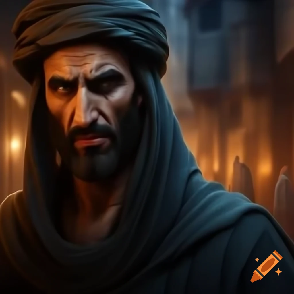 Blind Saul being led into Damascus with humble expression, biblical art on Craiyon