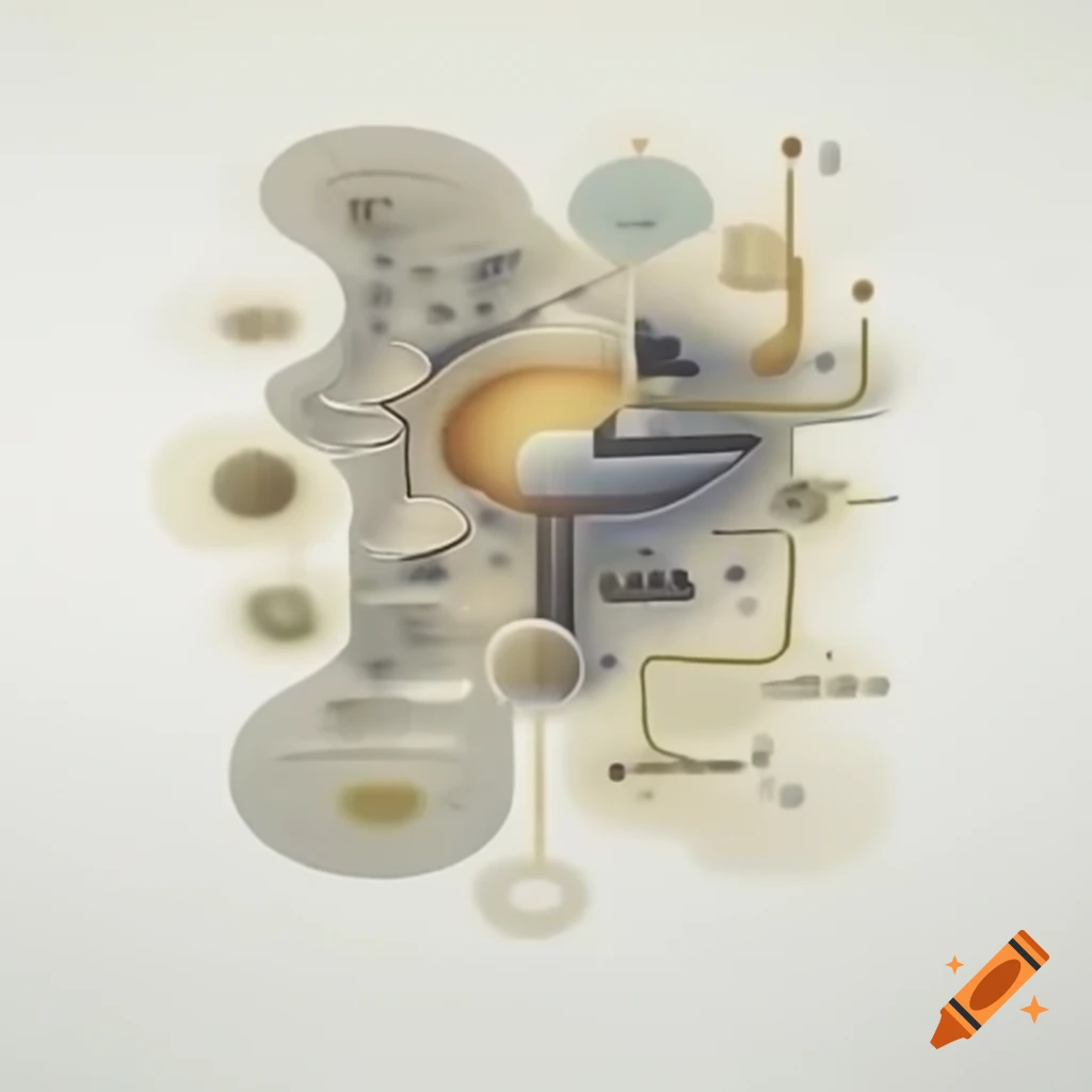 Surrealist art with organic tech forms on white background, retro 1950s ...