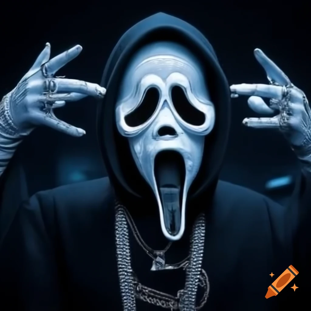 Stylized Ghostface character adorned with diamonds and chains on Craiyon